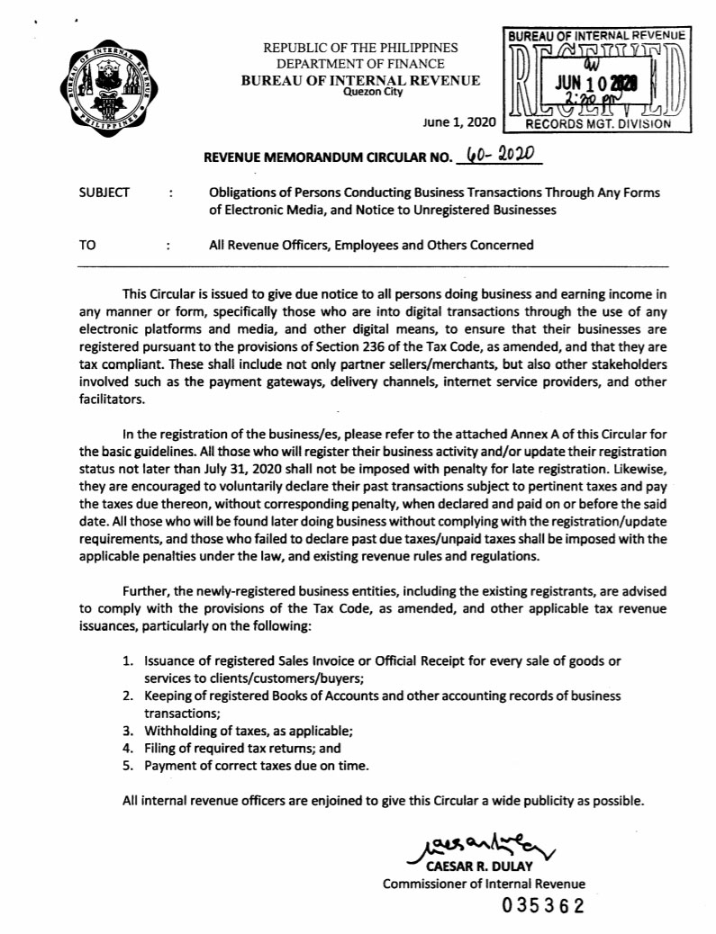 BIR: Online sellers must register business, declare past transactions ...