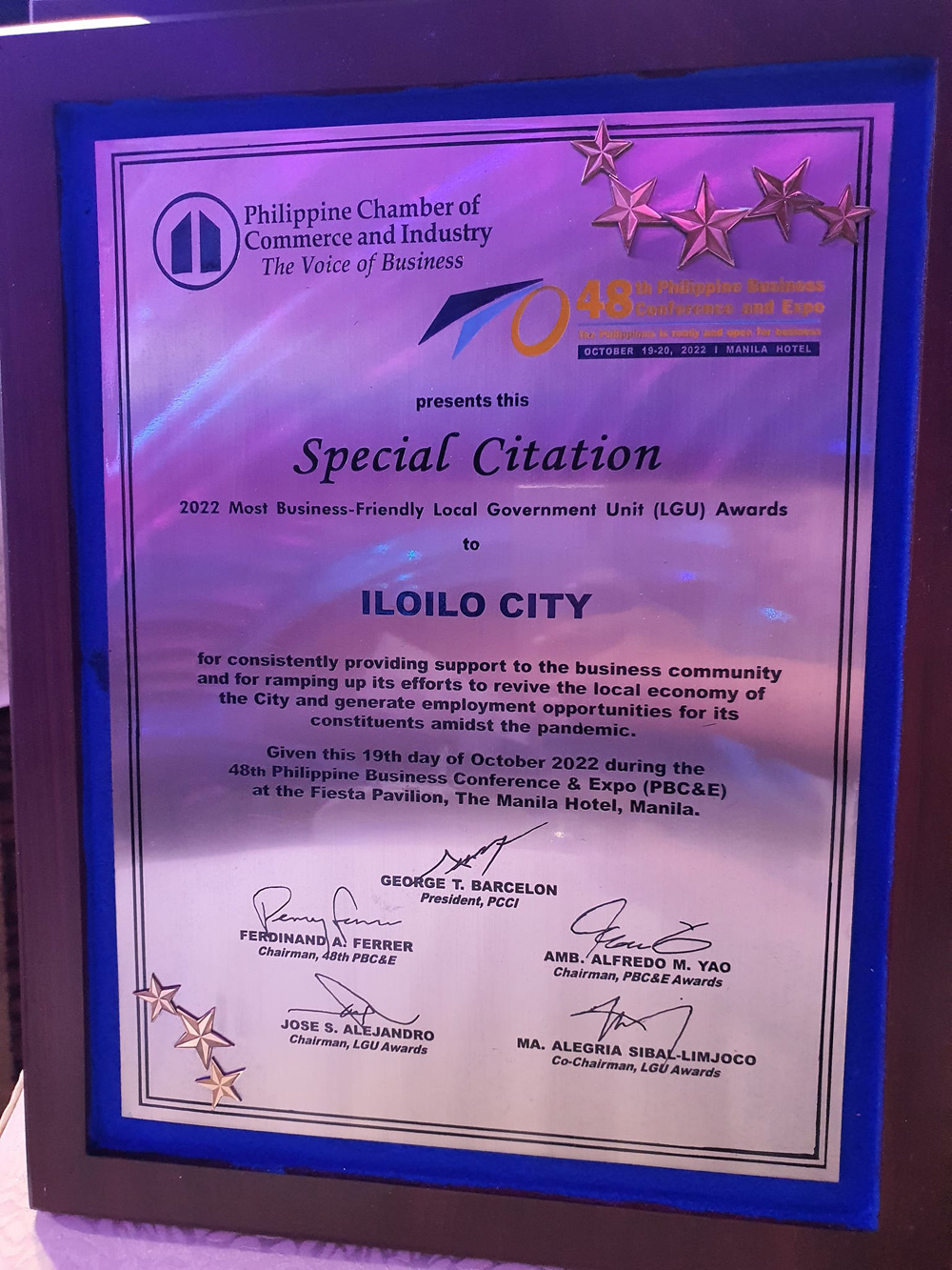 Iloilo City wins PCCI Special Citation as Most Business-Friendly LGU